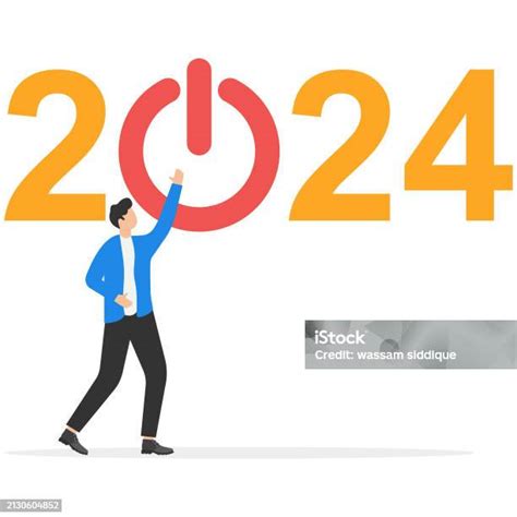 2023년 새로운 사업을 시작하기 위해 시작 버튼을 누르는 사업가 2023년 창업기업 출범 개선 변화관리 플랫 현대 벡터 일러스트 레이 션 2023년에 대한 스톡 벡터 아트
