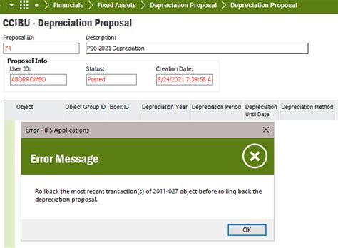 Unable To Rollback Posted Depreciation Ifs Community