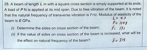 Solved A Beam Of Length L M With A Square Cross Section Is Simply Supported At Its Ends A Load