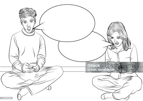 남자와 여자는 자신의 모바일을 사용하여 교차 다리와 바닥에 앉아 여자에 대한 스톡 벡터 아트 및 기타 이미지 여자 지력