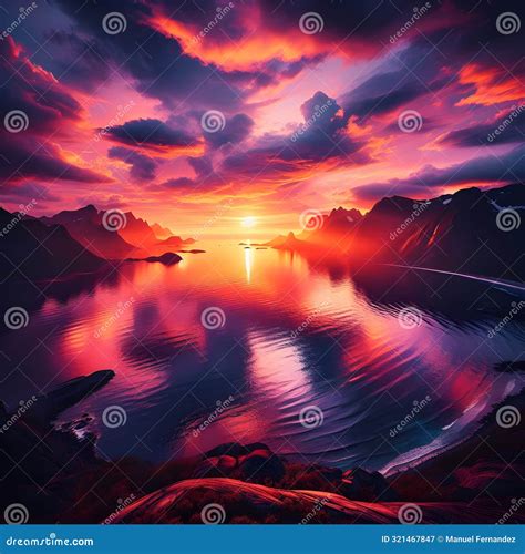 Radiant Dawn Over Reflective Mountain Waterscap Stock Illustration