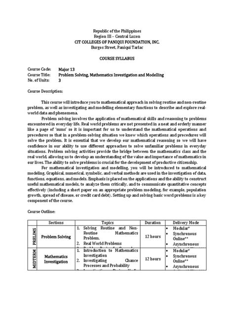 Problem Solving Mathematics Investigation And Modelling Course Syllabus Pdf Function