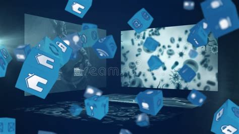 Animating Blue Social Media Icons Over Scientific Research Screens In Lab Stock Video Video Of