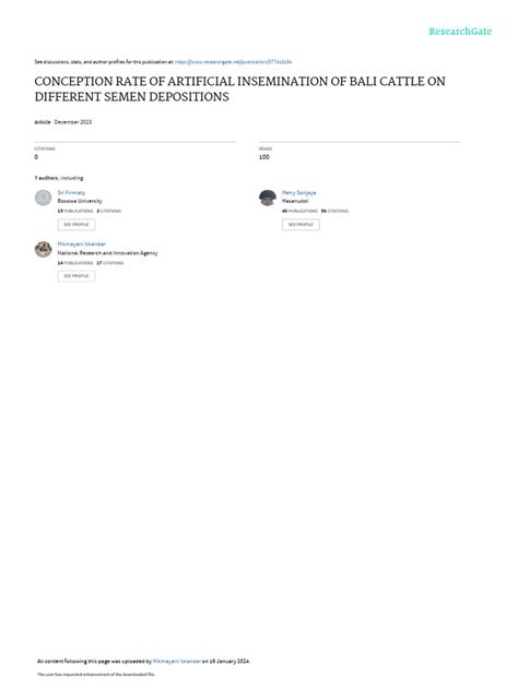 Conception Rate Of Artificial Insemination Of Bali Cattle On Different Semen Depositions Pdf