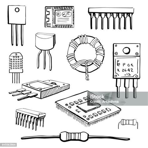전자 부품의 세트 트랜지스터 인덕터 마이크로 칩 센서 Wi Fi 모듈 Cpu 저항 흰색 배경에 고립 된 마이크로프로세서 벡터 그림은 스케치 스타일입니다 회로판에 대한 스톡