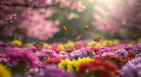 Colorful Daisy Field With Monarch Butterflies Vibrant Spring Garden