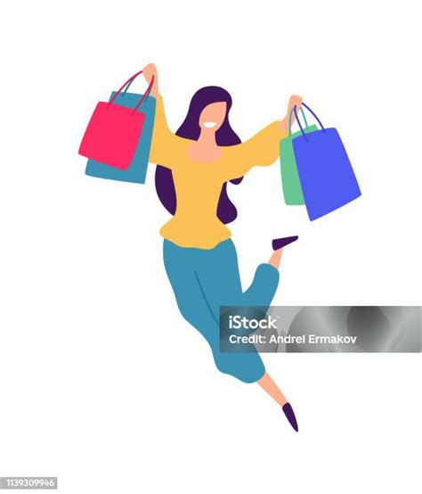 쇼핑 여자의 그림입니다 만화 스타일에 긍정적인 평면 그림입니다 할인 및 판매 쇼핑 홀 릭 온라인 판매 상품 구매자 가방에 대한 스톡 벡터 아트 및 기타 이미지 Istock