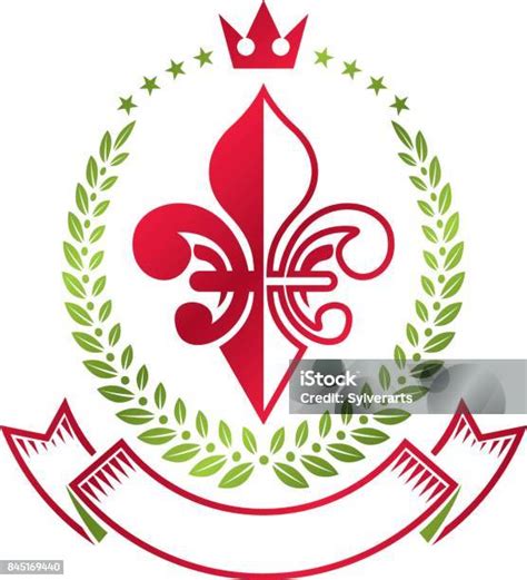 릴리 꽃 로얄 엠 블 럼입니다 팔의 문장 학 외 투 벡터 일러스트 레이 션 장식 리본 및 제국 크라운 만든 격리 생태와 환경