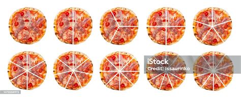 흰색 배경에 격리된 조각으로 자른 피자로 만든 10개의 분수 세트 피자에 대한 스톡 사진 및 기타 이미지 피자 자르기