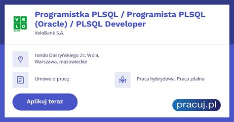 Oferta Pracy Programistka Plsql Programista Plsql Oracle Plsql Developer Velobank Sa