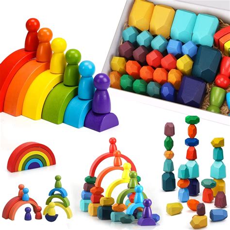 Toy Life 38 Pcs Wooden Rainbow Stacking Toys Montessori