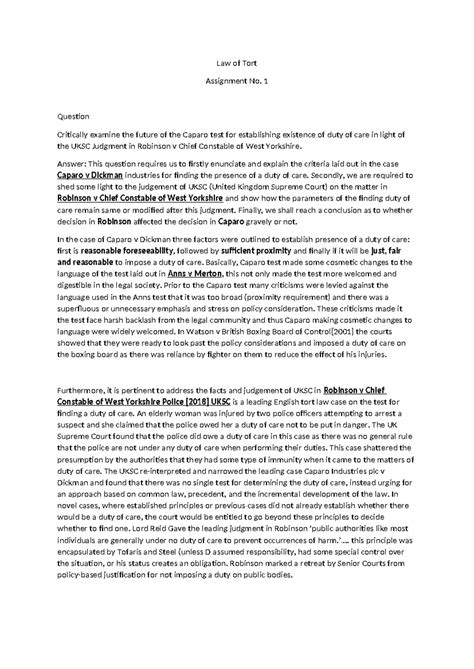 Tort Law Assignment Law Of Tort Assignment No Question