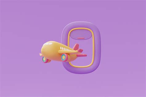 보라색 배경에 비행기 창문이있는 비행기 관광 및 여행 개념 휴가 휴가 3d 렌더링 3차원 형태에 대한 스톡 사진 및 기타 이미지 3차원 형태 비행기 가방 Istock