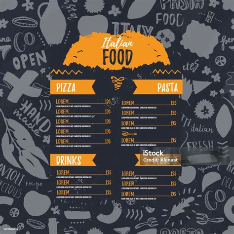 브로셔 디자인에 대 한 빈티지 메뉴 템플릿입니다 맛 있는 이탈리안 레스토랑 저녁 식사입니다 디자인 식품 배경 템플릿입니다 검은색에 대한 스톡 벡터 아트 및 기타 이미지