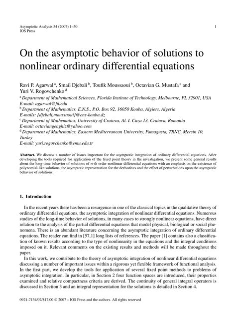 Pdf On The Asymptotic Behavior Of Solutions To Nonlinear Ordinary Differential Equations