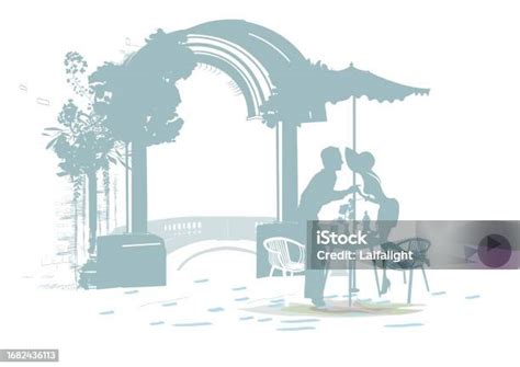 길거리 카페 근처 공원에 있는 낭만적인 커플의 실루엣 아치가 있는 전망대 공원에 대한 스톡 벡터 아트 및 기타 이미지 공원 두 사람을 위한 테이블 자연 풍치지구