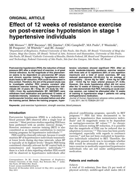 Pdf Effect Of 12 Weeks Of Resistance Exercise On Post Exercise Hypotension In Stage 1