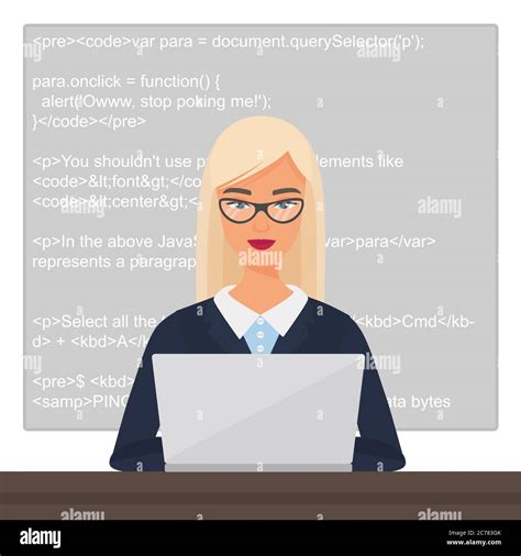 Vector Young Pretty Beautiful Blond Lady Black Programmer Sitting At The Desktop And Working On