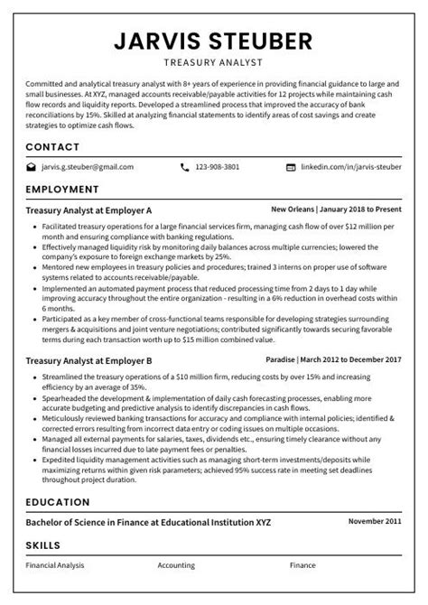 Treasury Analyst Resume CV Example And Writing Guide