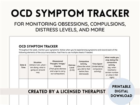 Ocd Symptom Tracker Ocd Worksheet For Therapists Counselors Social Workers Erp Worksheet