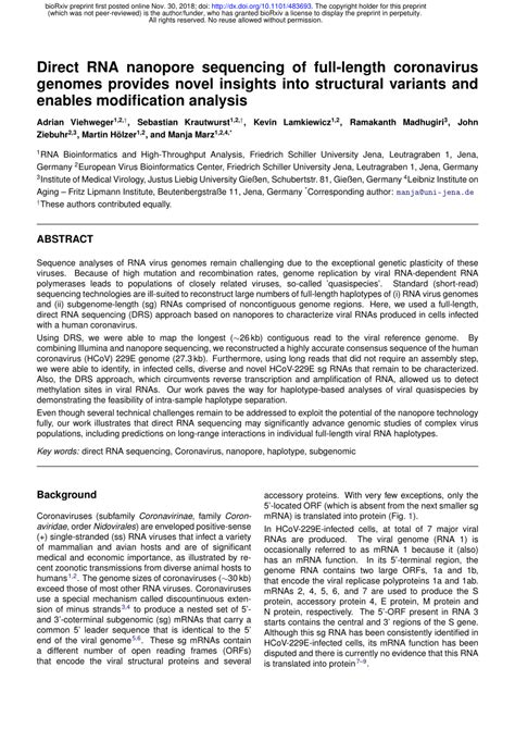 PDF Direct RNA Nanopore Sequencing Of Full Length Coronavirus Genomes Provides Novel Insights