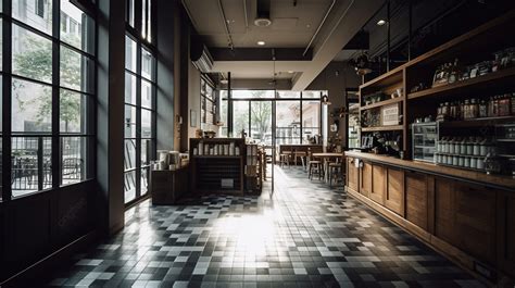 검은색 타일 바닥이 있는 창문 옆에 테이블과 의자가 있는 카페 카페 커피숍 인스토어 사람 없는 카페테리아 이미지 소재 고화질 사진 사진 재산 배경 일러스트 및 사진