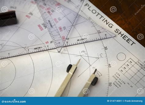 Above Image Of A Navigator S Radar Plotting Chart With A Triangle And Compass Divider Stock