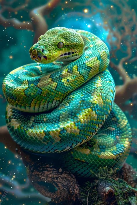 Vibrant Green Tree Python Coiled On Branch With Surreal Fantasy Forest Background Stock