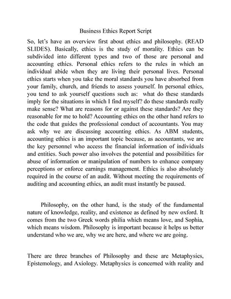 Business Ethics Report Script READ SLIDES Basically Ethics Is The Study Of Morality