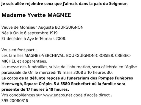 Avis De Décès De Yvette Magnee Décédé Le 16032008 à Aye Annonce
