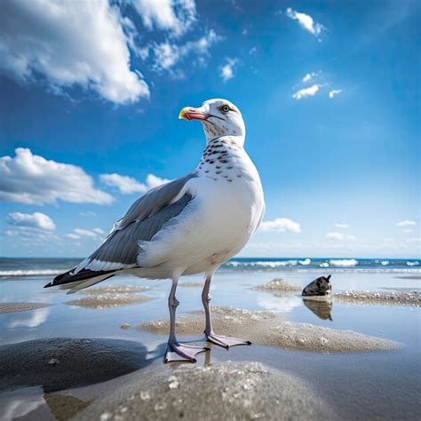 Premium Photo Seagull On The Beach Under Blue Sky Ai Generated