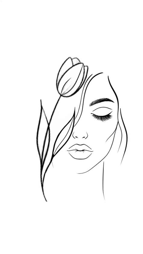 Black And White Tattoo Ideas Women Face Outline And Tulip Drawing