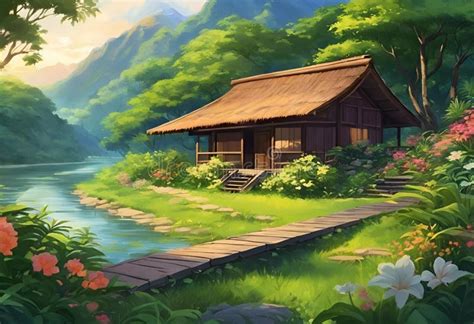 Nestled Amidst A Sea Of Vibrant Green Grass And Blooming Flowers A