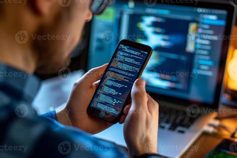 Ai Generated Programmer Reviewing Code On Smartphone Generative Ai