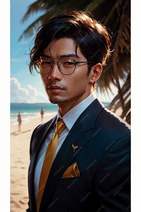 Premium Ai Image A Man In A Suit And Glasses Stands On A Beach With A