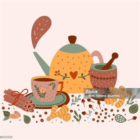 매운 차 그림 뜨거운 맛의 향신료 차 파티 프린트 만화 계피 생강 검은 종이 카르다몬 정향 컵 머그컵 주전자 박격포 페슬 마살라 차 벡터 일러스트레이션 차이 티 프린트