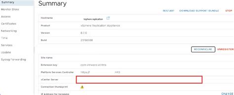 Vami Page Of Vsphere Replication Appliance Vrmsip 5480 Summary Page Does Not Contain Vcenter