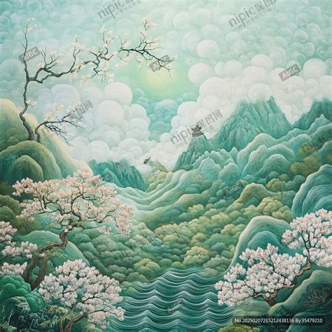 Ai创作图工笔山水青绿山水 原创青绿山水画 工笔旭日东升 工笔山水画重彩风景画 工笔画青绿山水 青绿山水仙鹤海景 巨型青绿山水装饰壁画 青绿