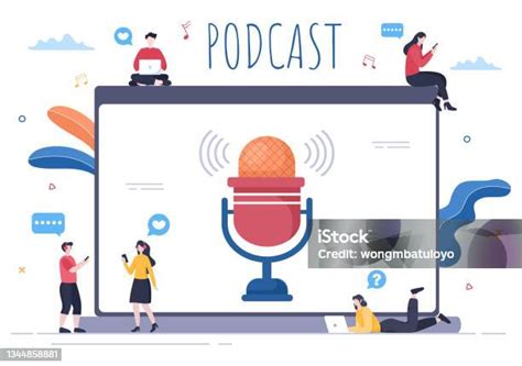 팟캐스트 배경 벡터 일러스트 는 헤드셋을 사용하여 오디오를 녹음하는 사람들 사운드 녹음 장비 및 마이크 개념으로 게스트 인터뷰