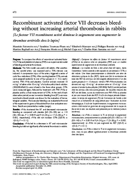 Pdf Recombinant Activated Factor Vii Decreases Bleeding Without Increasing Arterial Thrombosis