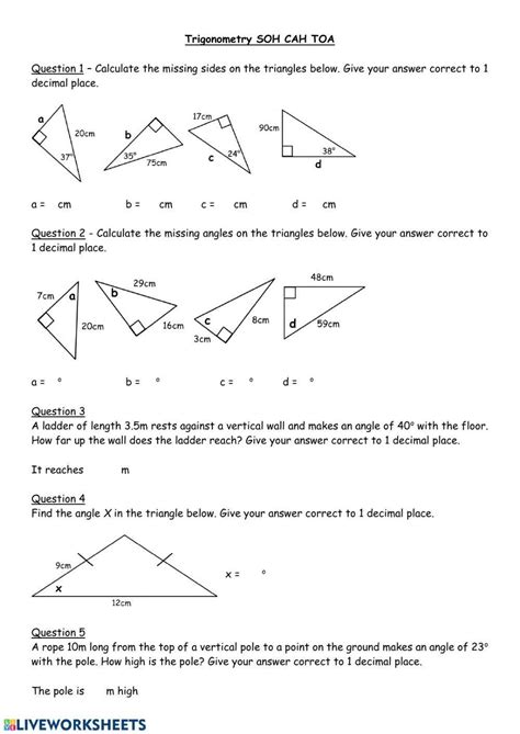 Trigonometic Ratios Soh Cah Toa Missing Side Lengths Worksheet Worksheets Library