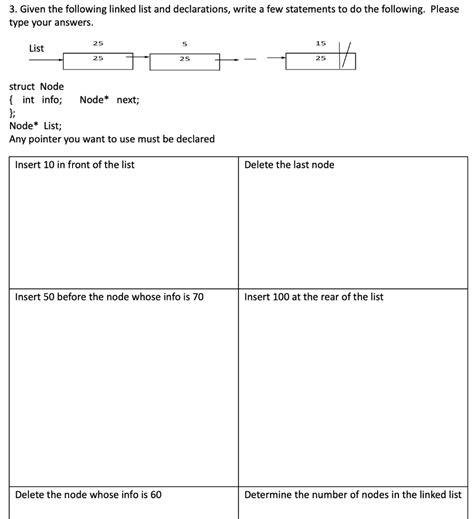 solved 3 given the following linked list and declarations
