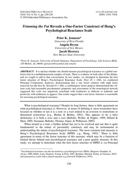 Pdf Trimming The Fat Reveals A One Factor Construct Of Hongs Psychological Reactance Scale