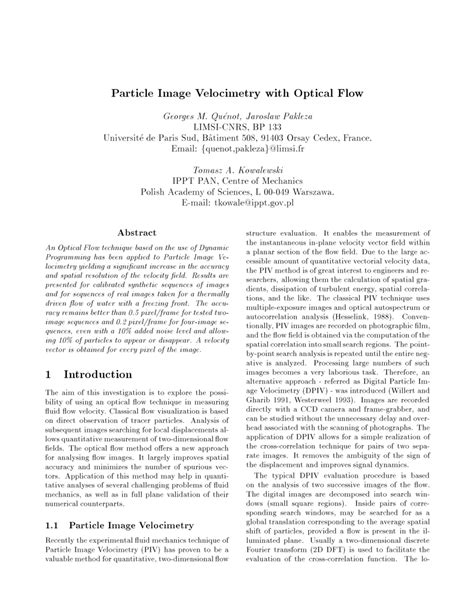 Pdf Particle Image Velocimetry With Optical Flow