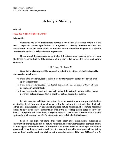 Activity 7 Stability Analysis And Routh Table Method Dee Studocu