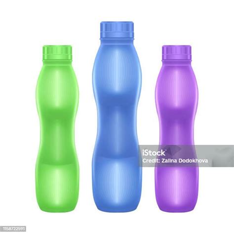우유 또는 요구르트 마시는 요구르트병용 녹색 파란색 및 보라색 색상의 빈 병 세트 3차원 형태에 대한 스톡 벡터 아트 및 기타 이미지 3차원 형태 건강한 생활방식