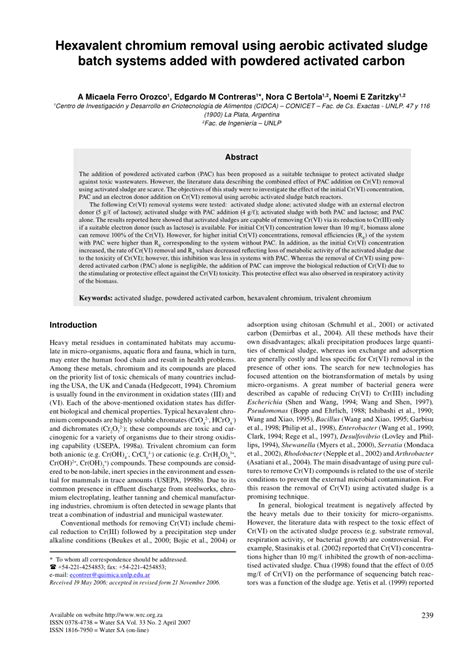 Pdf Hexavalent Chromium Removal Using Aerobic Activated Sludge Batch Systems Added With