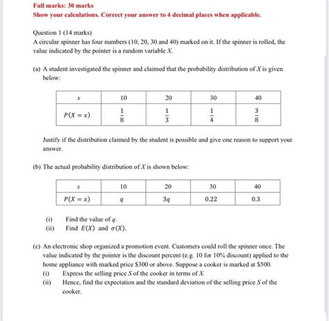 Solved Full Marks 30 Marks Show Your Calculations Correct