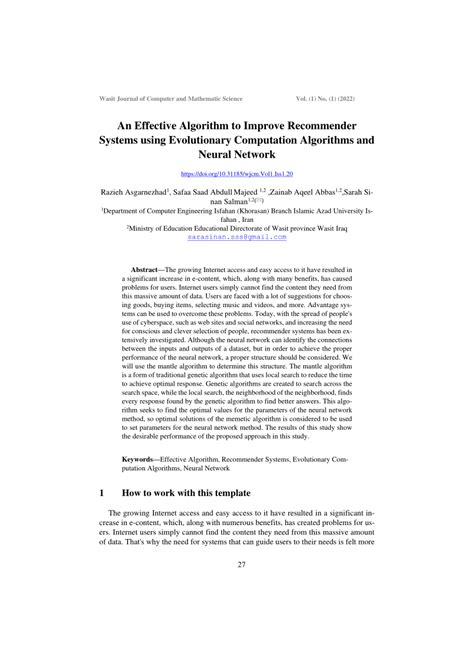Pdf An Effective Algorithm To Improve Recommender Systems Using Evolutionary Computation