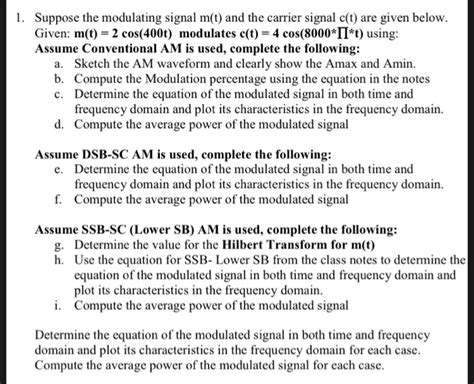 Solved 1 Suppose The Modulating Signal Mt And The Carrier